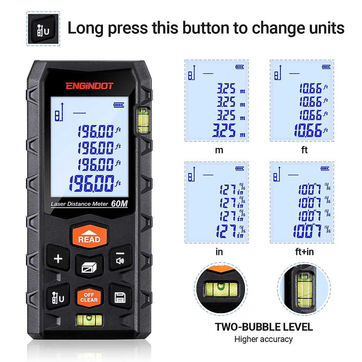 Laser Measure 196Ft, ENGiNDOT Digital Laser Distance Meter with 2 Bubble Levels, M/in/Ft/Ft+in Switch, IP54 Waterproof & Dust-Proof, Backlit LED, Measure Distance, Area, Volume, Pythagorean Mode