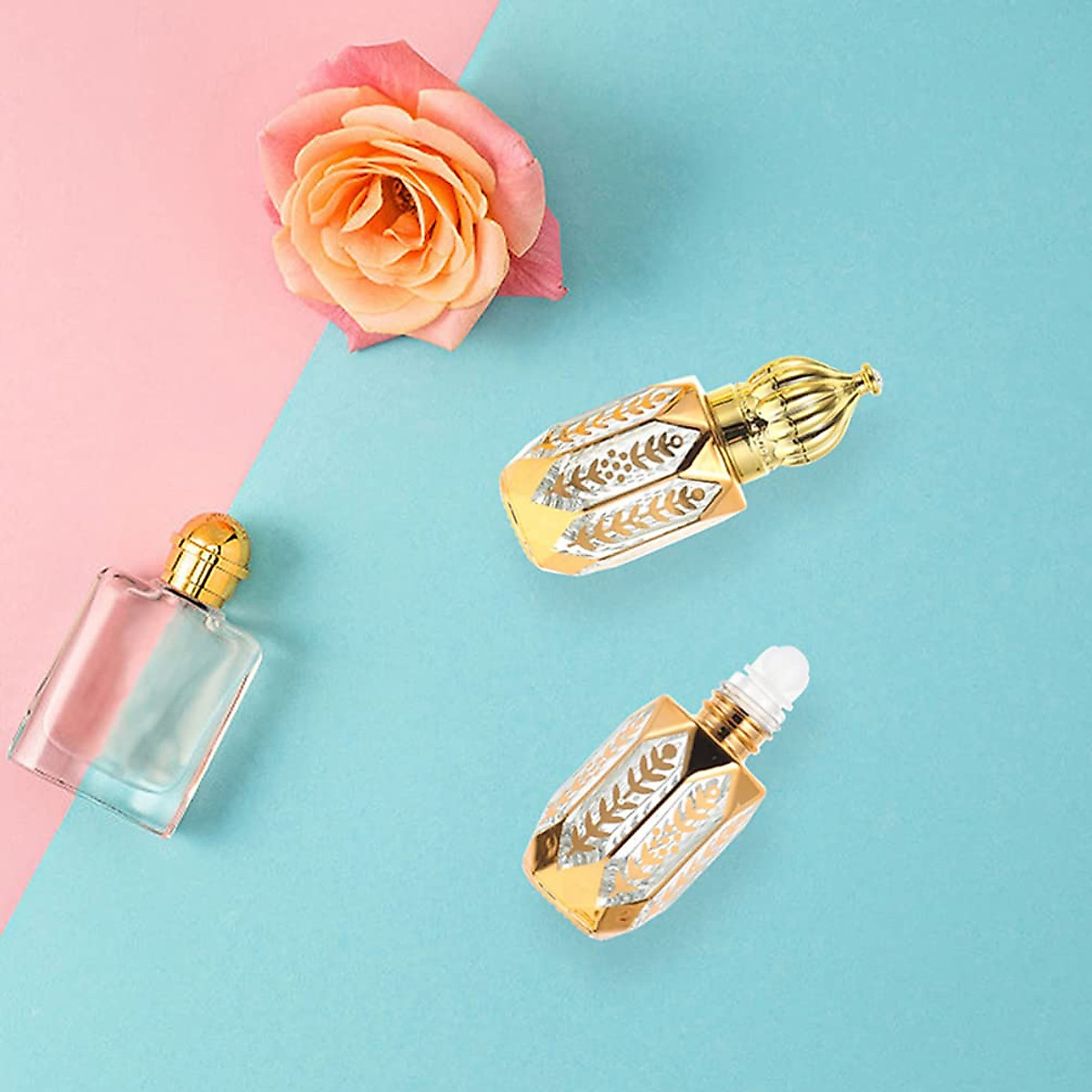 Healeved 3pcs Mini Arabic Crystal Glass Roller Bottles 3ml Gold Refillable Essential Oil Roll On Dispenser Empty Tiny Perfume Sample Container