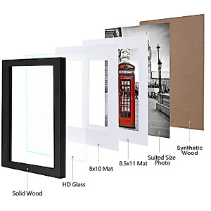 eletecpro 11x14 Picture Frame 4 Pack Made of Solid Wood and Strong Durable Glass, Display 8x10 and 8.5x11 Photoes with Mat or 8x10 without Mat, Room Decor for Wall and Tabletop, Gallery Gifts Black