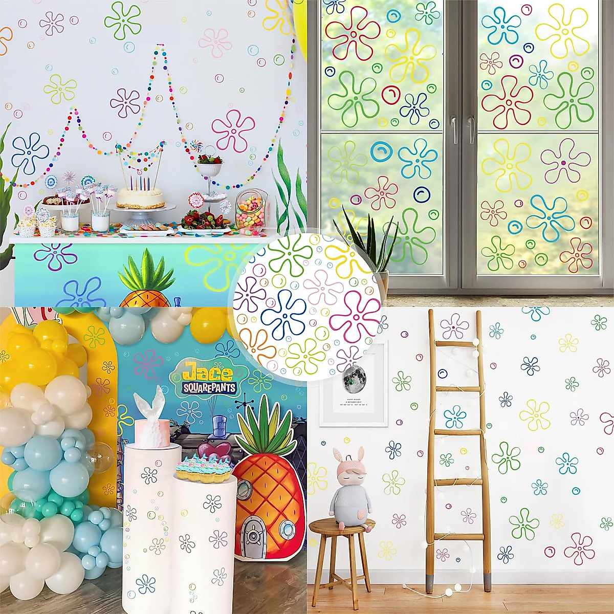 156PCS Flowers and Bubbles Wall Decals Under The Sea Birthday Party Peel and Stick Colorful Bubble Stickers Car,Bedroom,Bathroom,Windows,Laptop Decor 6 Sheets, 30cm x 10cm Each,Static Cling,Removable