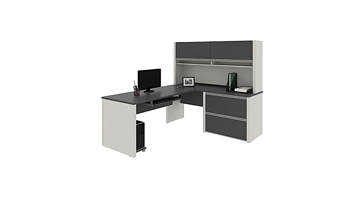 Bestar Connexion L-Shaped Desk with Hutch & File Cabinet