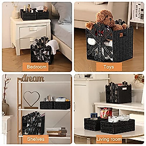 Vagusicc Wicker Storage Baskets, Set of 3 Hand-Woven Paper Rope Wicker Baskets for Shelves Storage with Handles, Snowflake Cube Storage Bins, 10.5 Inch Storage Baskets for Pantry Organizing, Black