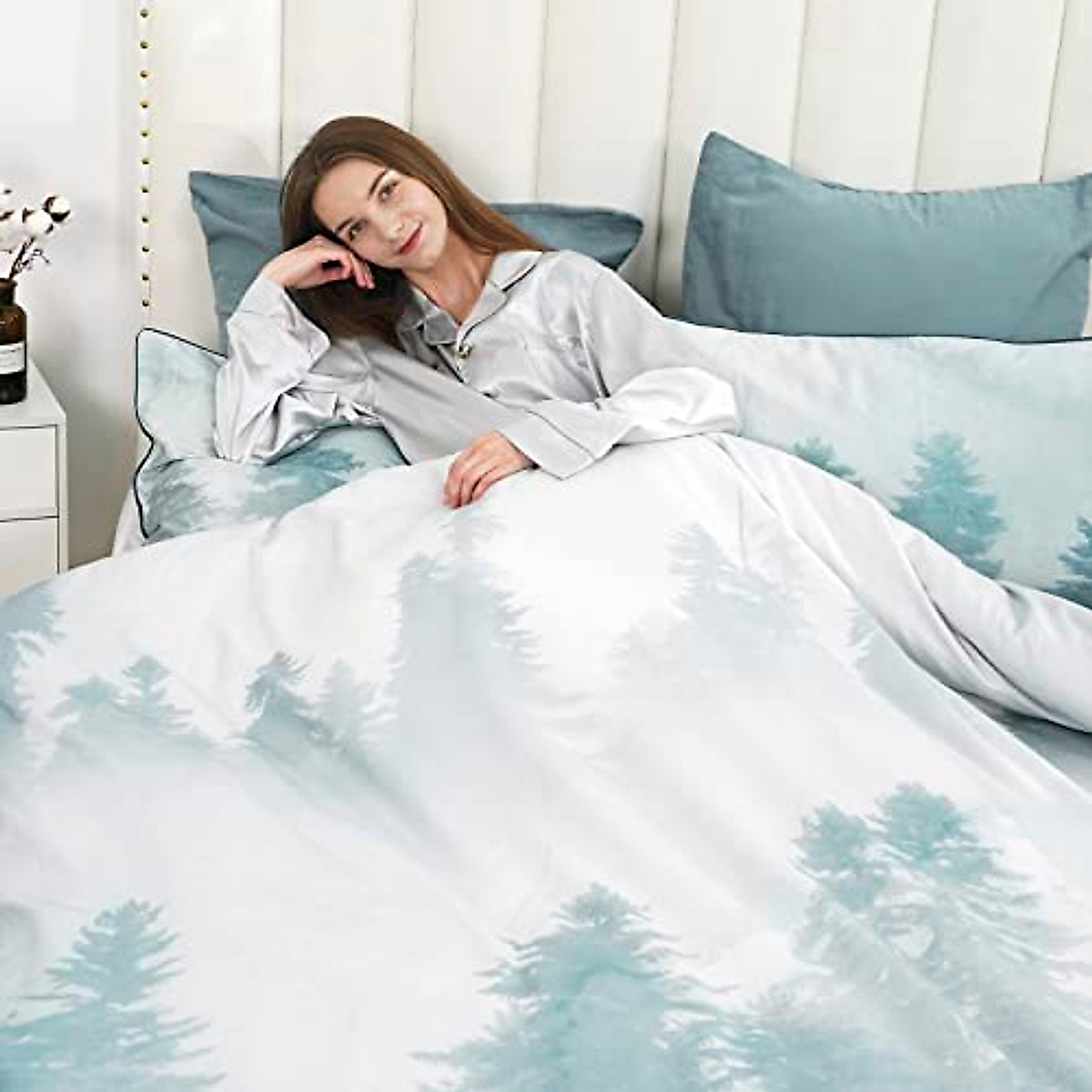 David's Home 100% Cotton Duvet Cover Set Queen Size, Misty Forest Duvet Cover with Pillow Shams, 3pcs Ultra Soft and Breathable Comforter Cover Set, 90x90 Inches, Green