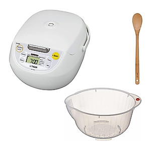 Tiger JBV-S18U 10-Cup Microcomputer Controlled 4-in-1 Rice Cooker (White) Bundle with Rice Washing Bowl and Bamboo Spoon (3 Items)