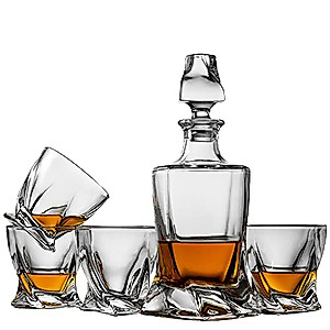 Whiskey Gifts for Men, Whiskey Decanter Set with 4 Glasses in Gift Box by Verolux | Elegant Twisted Design with Glass Stopper - Liquor, Bourbon, Brandy, Gin, Rum, Tequila, Vodka, Cognac
