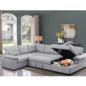 Sleeper Sofa Couch Bed with Pull Out Couch Living Room Set Sectional Sleeper Sofa with Storage Chaise Modular Couch Fabric Sofa Bed in Grey