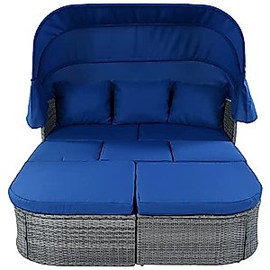 Merax Outdoor Patio Rattan Daybed Sunbed with Retractable Canopy, Sectional Conversation Sofa Set for Backyard and Porch, Blue
