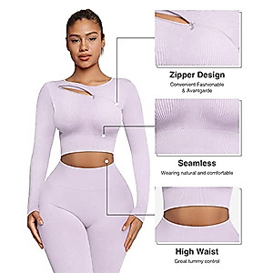 FeelinGirl Women's Seamless 2 Pieces Yoga Outfits Workout Long Sleeve Active Wear Crop Top High Waist Yoga Legging Sets Lilac S