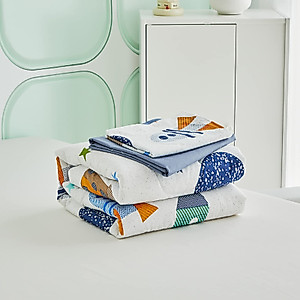 100% Cotton 4 Pieces White Space Toddler Bedding Set with Colorful Rocket Stars and Planet Includes Adorable Quilted Comforter, Blue Gray Fitted Sheet, Top Sheet, and Pillow Case for Boys Girls