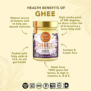 4th & Heart California Garlic Grass-Fed Ghee, 9 Ounce, Keto, Pasture Raised, Lactose and Casein Free, Certified Paleo