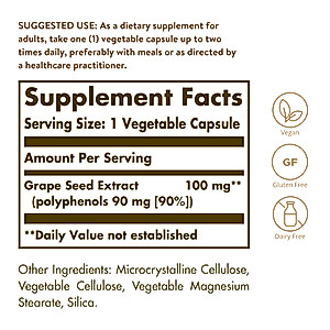 Solgar Grape Seed Extract 100 mg, 60 Vegetable Capsules - Phytonutrient Antioxidant Support - Cardio Support - Vegan, Gluten Free, Dairy Free - 60 Servings