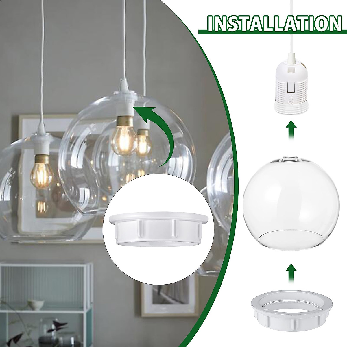 Light Socket Shade Rings,Aluminum Threaded Socket Ring for Medium Base E26 Sockets,Retaining Rings for Glass Lamp Shades/Light Fixtures (4-Pack White Color/For Thread Diameter 1-1/2 Inches)