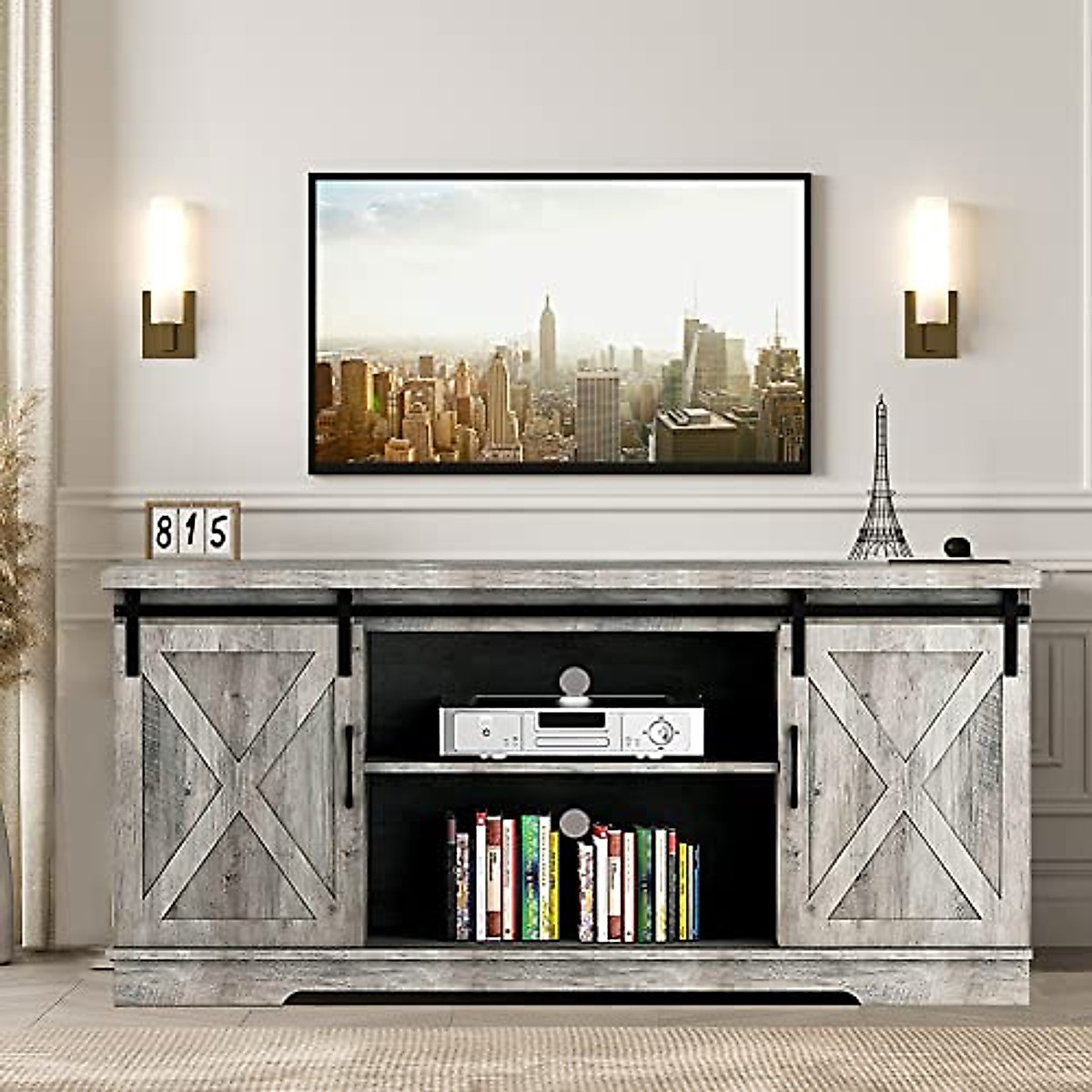 Amyove Farmhouse Stand for 65 Inch TV, Entertainment Center TV Media Console Table, Tall Stand with Storage, Barn Doors and Shelves, Grey Modern Cabinet Furniture for Living Room