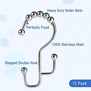 Shower Curtain Rings, SUTINE Double Shower Curtain Hooks, Rust-Resistant Metal Shower Curtain Rings, Free Sliding Stainless Steel Shower Hooks for Shower Curtains & Liners, 12pcs-Nickel