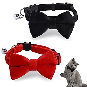 2 Pcs Velvet Cat Collar with Bell and Bowtie, Adjustable Breakaway Cat Collars Kitten Small Puppy Safety Bow Tie Solid Wedding Basic Color Cat Bow Tie Collar
