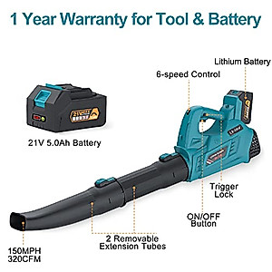 Leaf Blower, UBeesize 21V Cordless Leaf Blower with 5.0Ah Battery & Fast Charger, Electric Leaf Blower for Courtyard Care, 6-Speeds Control Leaf Blower for Blowing Leaves, Snow, Dust and Debris