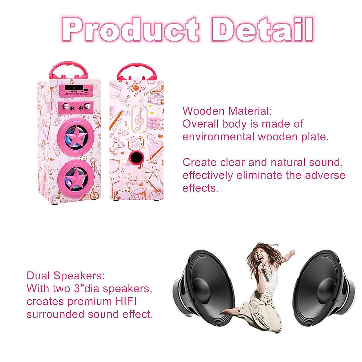 IndeCool Kids Bluetooth Karaoke Machine with 2 Microphones, Rechargeable Remote Control Wireless Karaoke Speaker Portable Karaoke Machine Music MP3 Player for Kids Adult Party Gift (Pink)