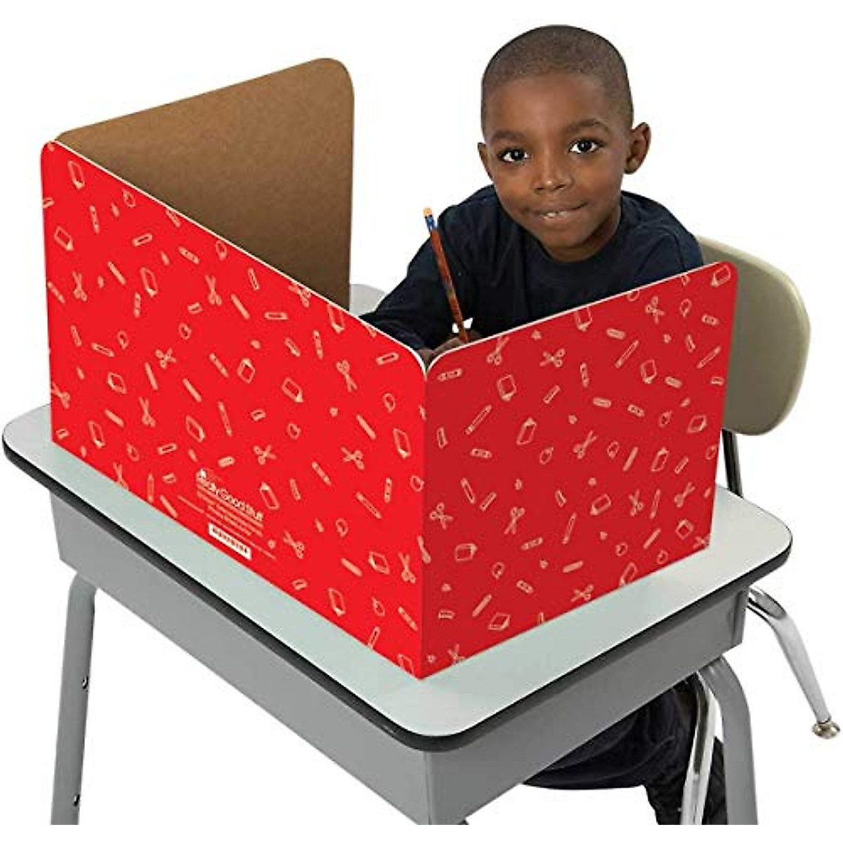 Standard Privacy Shields for Student Desks – Set of 12 - 3 Group Colors -Matte - Study Carrel Reduces Distractions - Keep Eyes From Wandering During Tests, Red, Blue & Green School Supplies Pattern