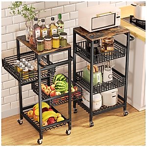 4Tier Roling Cart, Utility Cart, Storage Cart, Kitchen Carts on Wheels with Wood Top, Pull-Out Wire Basket for Fruit, Black