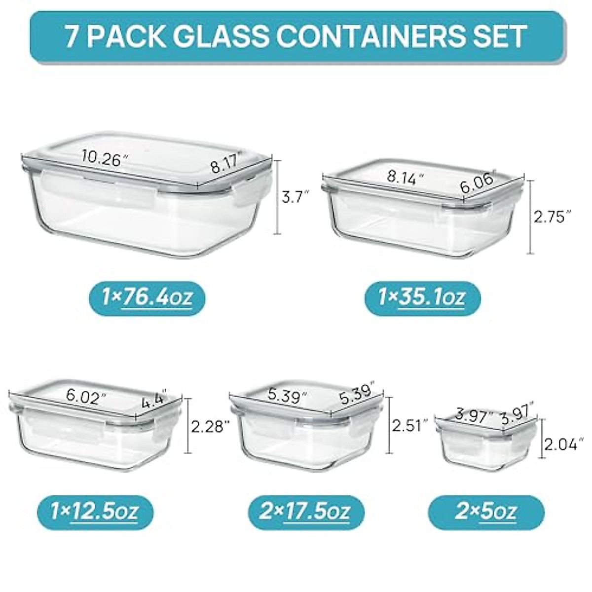 Vtopmart 2.26L/76oz Extra Large Glass Food Storage Containers with Lids, 7 Pack Meal Prep Container Set, Airtight Lunch Bento Boxes with Snap Locking Lids for Microwave, Oven, Freezer, Dishwasher