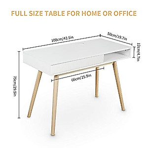 White Desk Mid Century Modern Desk Wooden Desk with Drawer Small Office Desk Mid Century Computer Desk White Makeup Table, by Artswish
