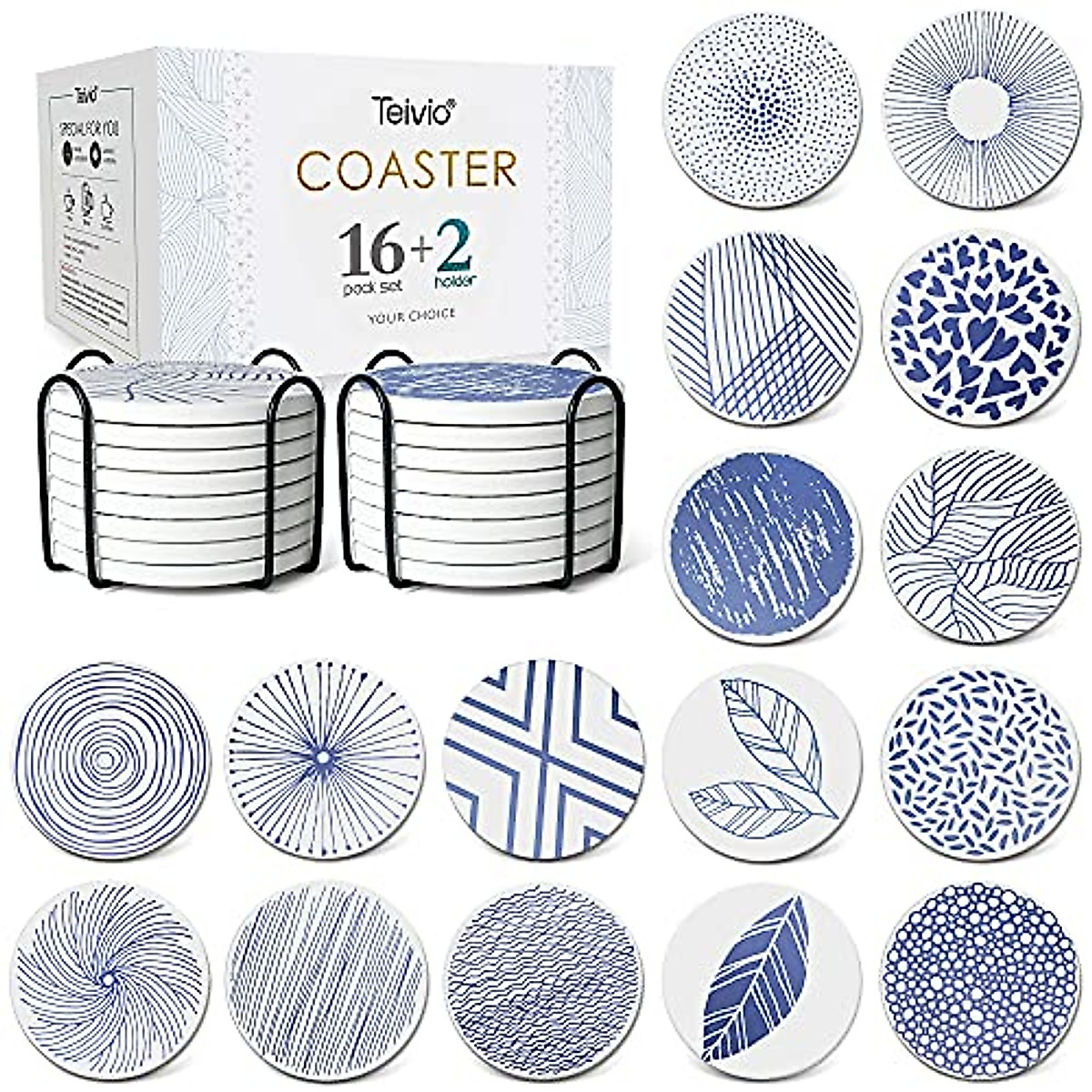 Absorbing Stone Coasters for Drinks Cork Base, with 2 Holder, for Housewarming, Apartment Kitchen Room Bar Decor, Suitable for Wooden Table, Set of 16 (Blue)