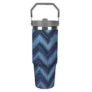 WITHSBKK 30oz Car Cup Gradient Blue Denim Printed with Portable, Stainless Steel Travel Mug, Vacuum Insulated Tumbler And Straw, Leakproof for Car & Outdoor, UV Printed Design