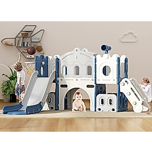 XJD 7 in 1 Toddler Slide Set, Kids Slide for Toddlers Age 1+, Toddler Climber Slide PlaySet with Basketball Hoop and Ball,Outdoor Indoor Playground for Toddlers 1-3 (Blue)