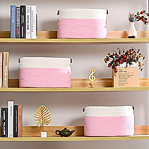 ECDYQXVU 1 Pack Cotton Rope Storage Baskets,15x10x9in,Collapsible Storage Bins, Decorative Woven Basket Cube Storage Organizer for Laundry, Towel, Clothes, Cosmetics, Books(White/Pink)