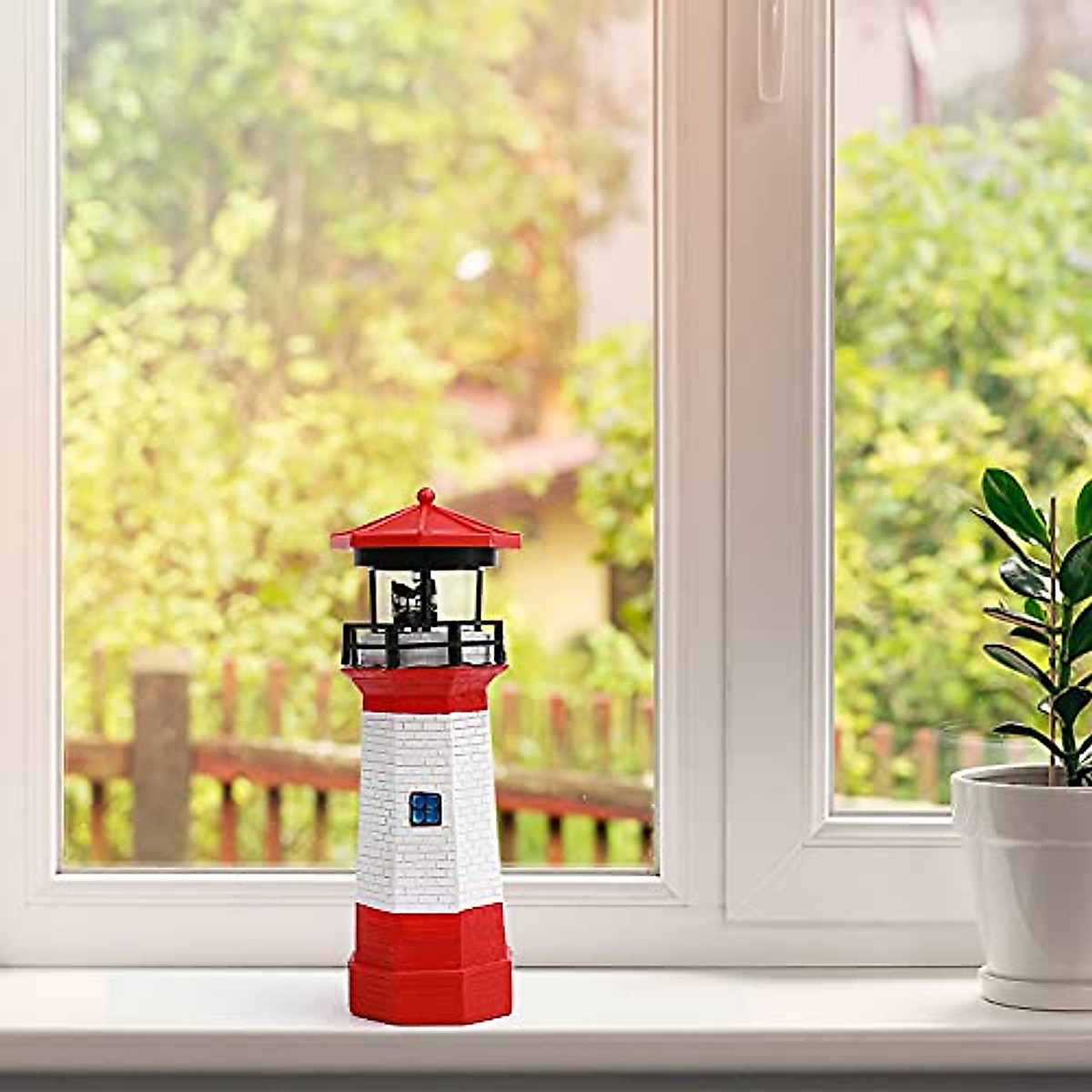 CALIDAKA Solar Powered Lighthouse,Garden Lights,Solar Lighthouse Statue with Spinning Light for Outdoor Patio Yard Garden Lawn Decoration (Red)