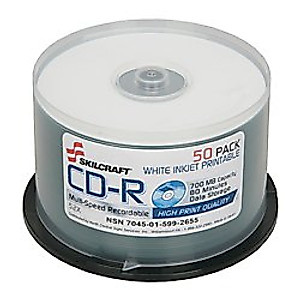 SKILCRAFT 7045-01-599-2655 Inkjet Printable CD-R on Spindle, 700MB Capacity, White (Pack of 50)