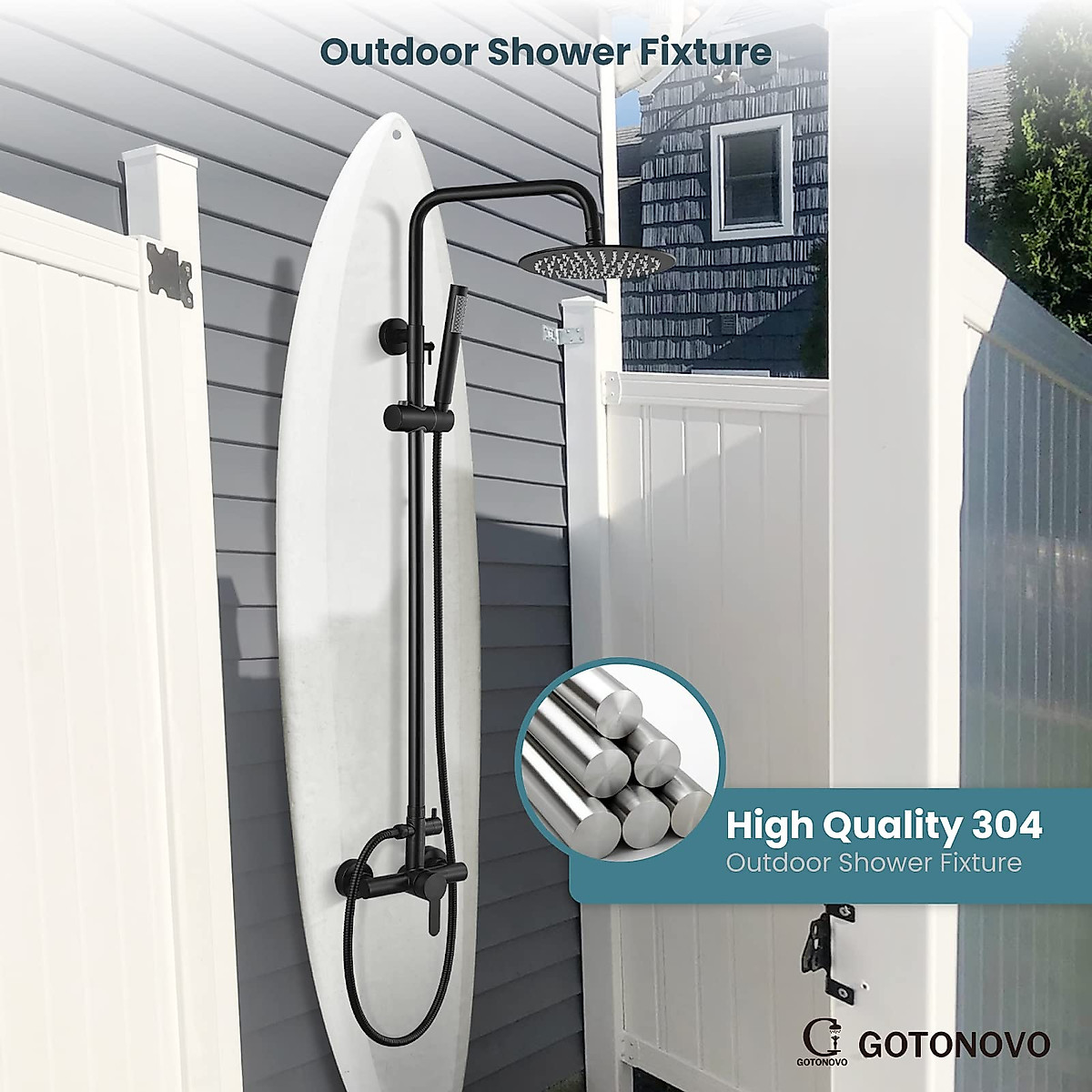 gotonovo Matte Black Outdoor Shower Fixture SUS304 System Combo Set Rainfall Single Handle High Pressure Hand Spray Wall Mount 2 Dual Function Stainless Steel