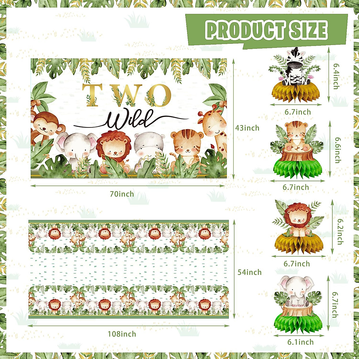 Two wild Birthday Decorations for Boys Girls, 159 Pcs Jungle Safari Theme Party Supplies for Baby - Two wild Backdrop, Cake, Cupcake Toppers, Cupcakes Wrappers, Balloons, Tablecloth, Palm Leaves,