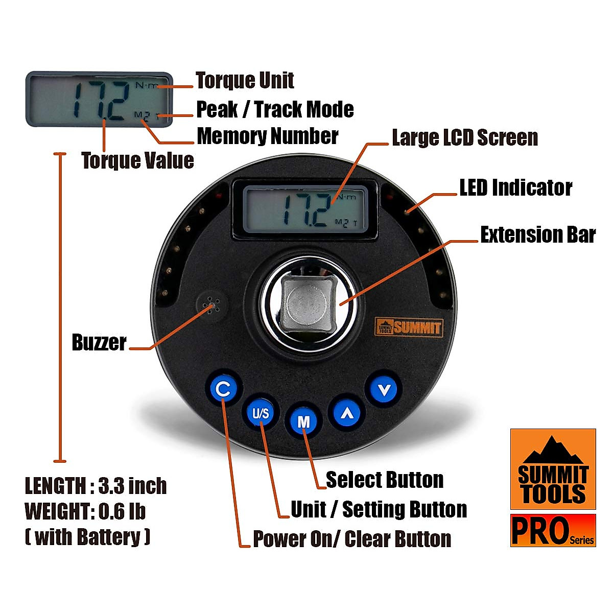 Summit Tools 1/2 inch Digital Angle Torque Adapter, 12.5-250.7 ft-lbs Torque Range, 1-360° Angle Range, Buzzer and Sequential LED Indicator, 50 Memroy Slots (AD4-340CN), Blue