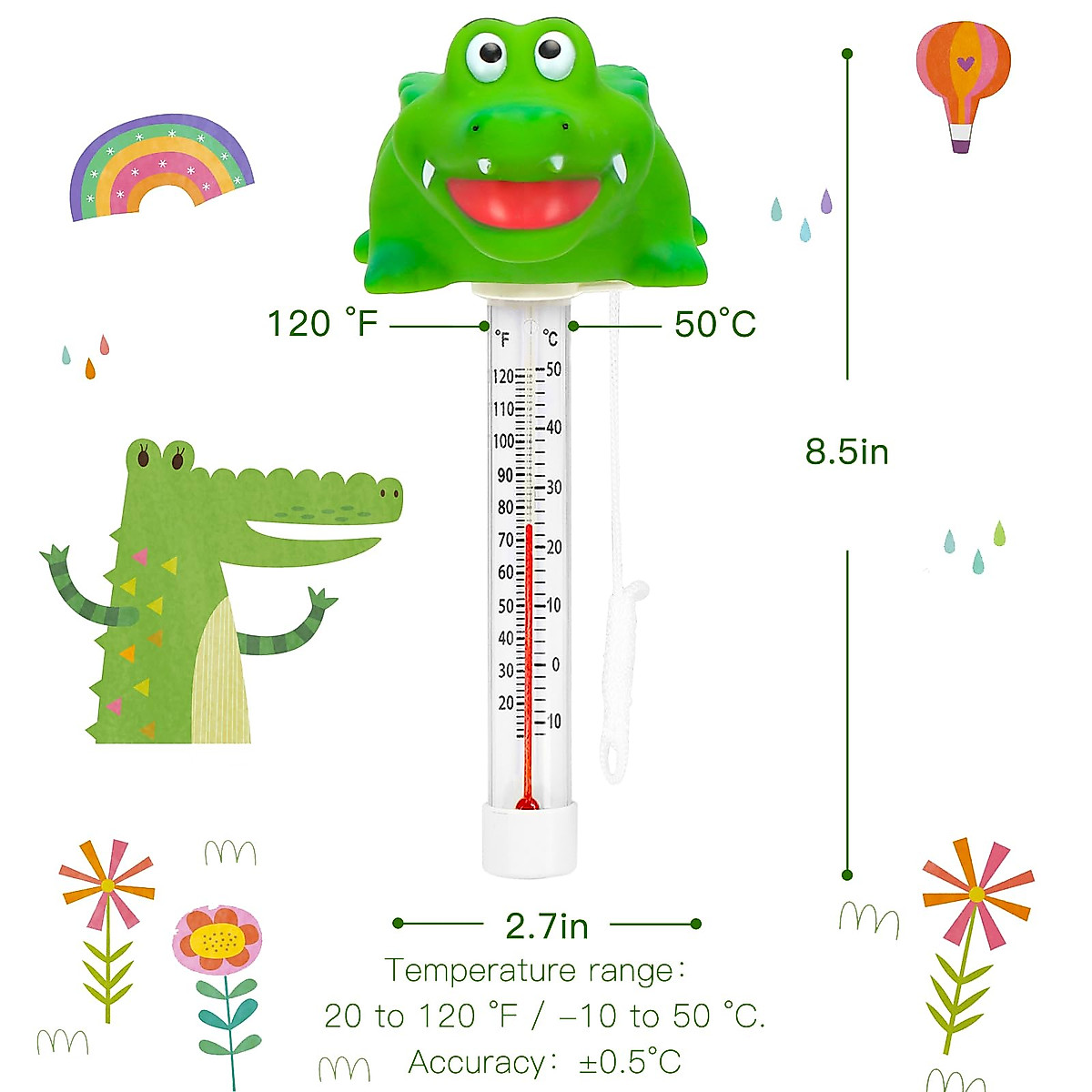 XY-WQ Floating Pool Thermometer, Large Size Easy Read for Water Temperature with String - Swimming Pools, Spas, Hot Tubs, Ponds (Alligator)