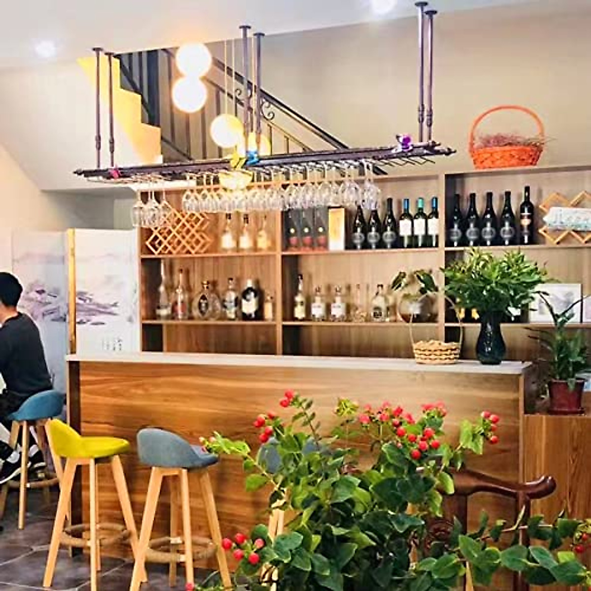 Wine Glass Holder, Ceiling Wine Rack, Wine Glass Rack, Rustic Industrial Wine Racks Wall Mounted with 8 Stem Glass Holder, 2-Tiers Wall Mount Bottle Holder Glass Rack, for Bars Restaurants Kitchens