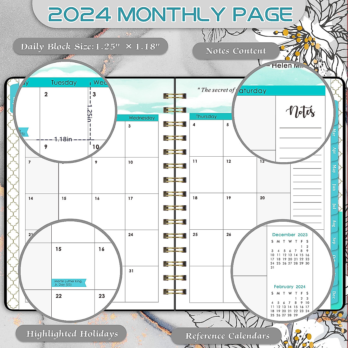 2024 Planner - January 2024 - December 2024, Weekly & Monthly Planner with Tabs, 6.3" x 8.4", Hardcover with Back Pocket + Thick Paper + Twin-Wire Binding - Gray