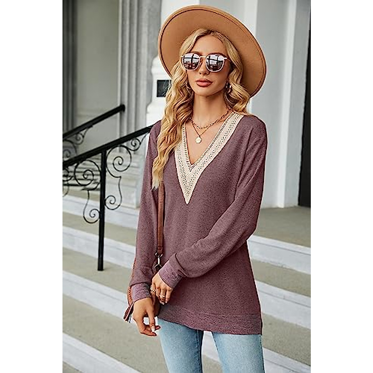 Keificle Women's V-Neck Pullover Color Blocking Long Sleeves Side Split Fall Tunic Tops (Large, 02_Purplish red)