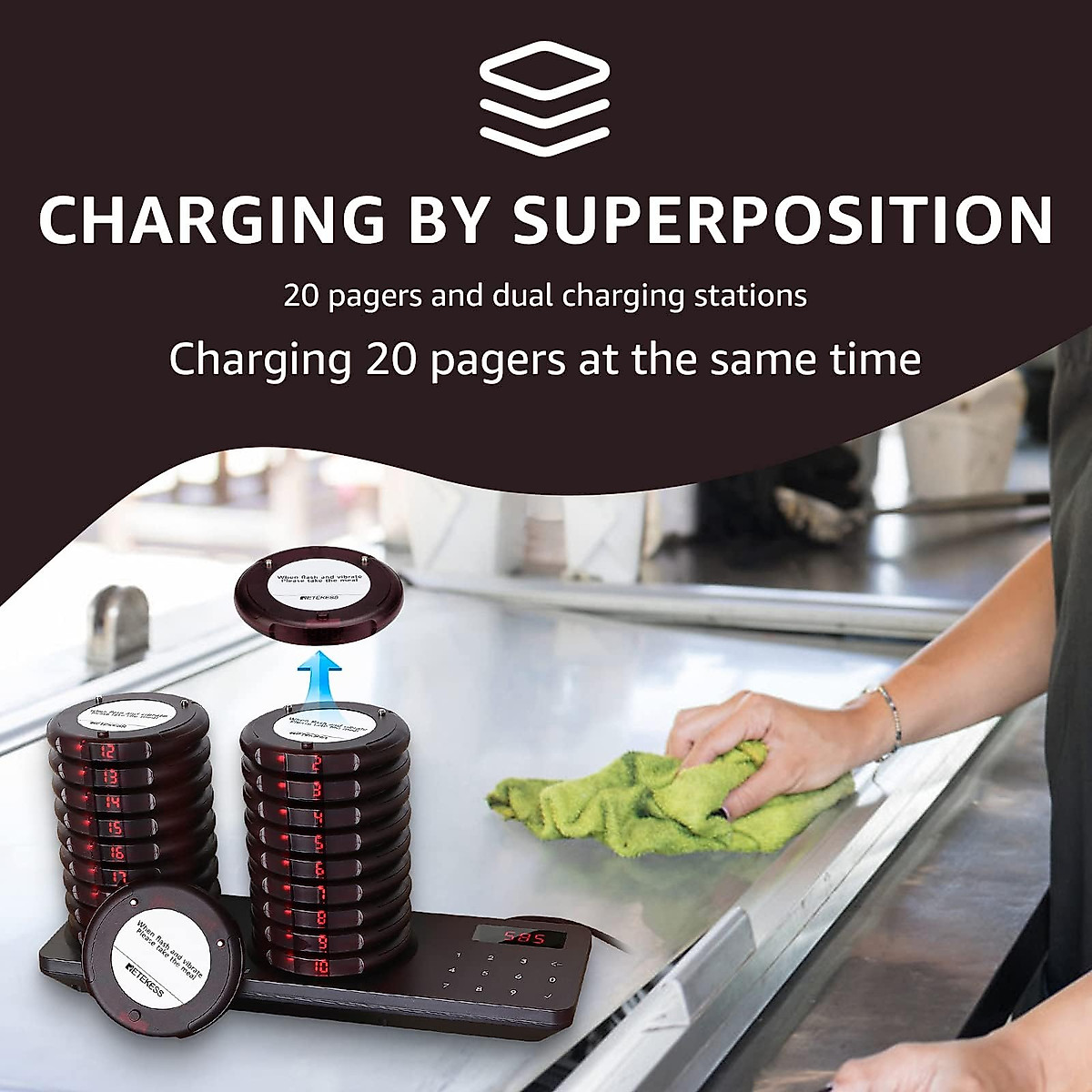 Retekess TD163 Pager System,Restaurant Buzzers Long Range,Set Vibration,Dual Charging Base,20 Coaster Pagers for Hospital,Kitchen,Medical Office,Nursery