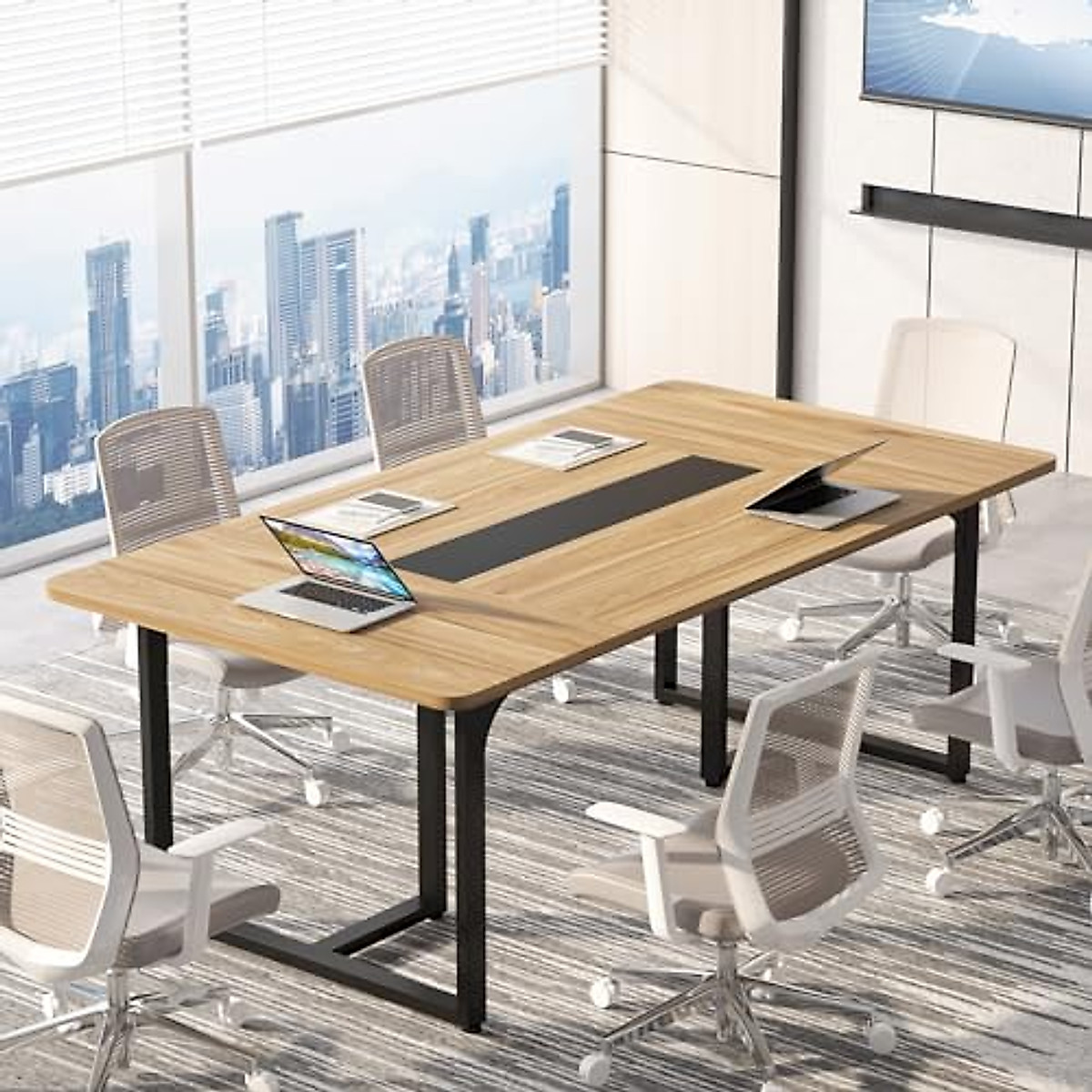 Tribesigns Rectangle Conference Table, 6FT Meeting Seminar Table up for 8 People, Business Style Large Office Conference Room Table Boardroom Desk with Strong Metal Legs, 70.8L x 35.4W x 29.5H(Walnut)