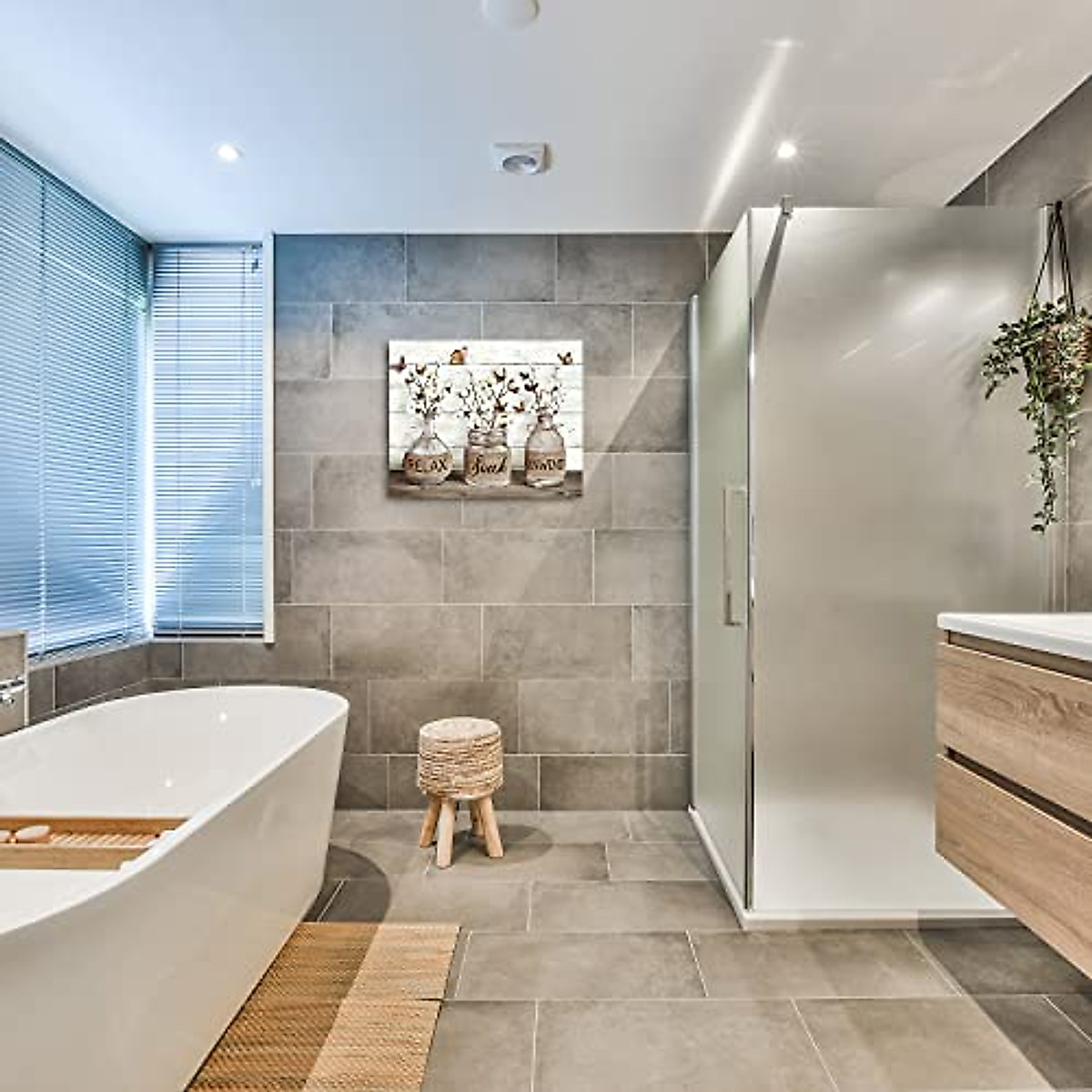 Farmhouse Bathroom Decor Wall Art Rustic Bathroom Art Mason Jar Theme Picture Relax Soak Unwind Sign Flower Canvas Picture Wood Background Bathroom Pictures Artwork Framed 12"X16"