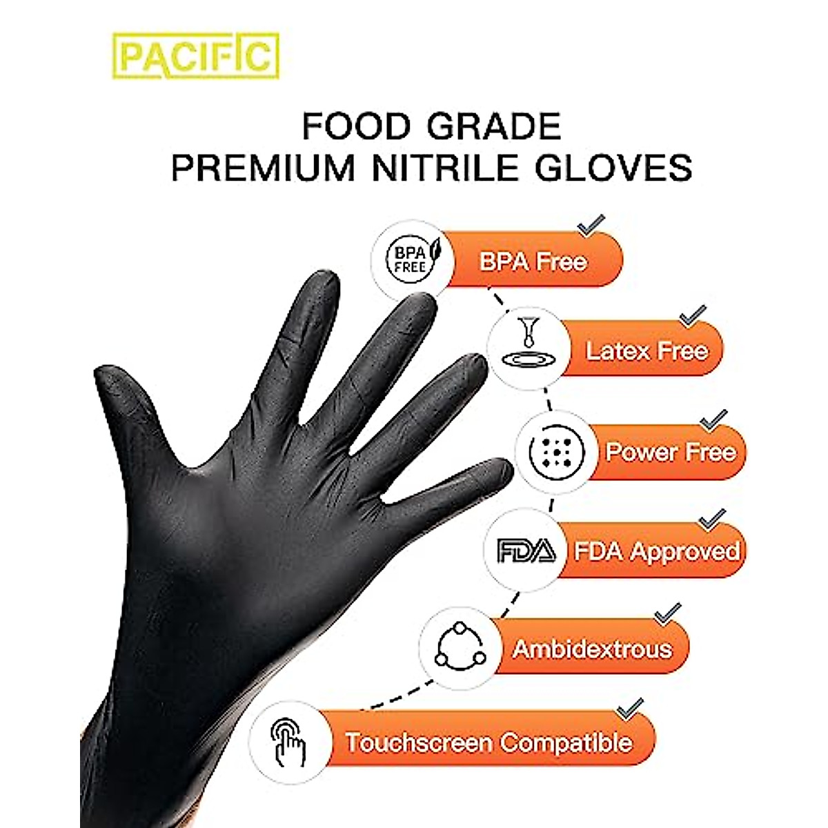 PACIFIC PPE Black Nitrile Disposable Gloves, 6 Mil, Food-Safe, Cooking & Cleaning, Powder-Free, Heavy-Duty, Textured Fingertips, 100 Count, L