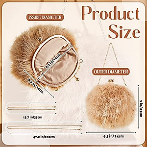Women's Feather Clutch Purse Faux Fluffy Feather Round Clutch Shoulder Crossbody Bag Vintage Evening Bags with 2 Chains for Girls, Light Camel