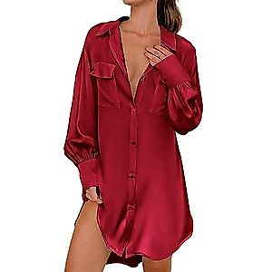 Ekouaer Sleep Shirts for Women Satin Silk Nightgown Long Sleeve Sleepwear Boyfriend Button Down Nightshirt Wine Red L