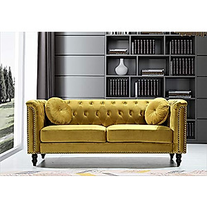 US Pride Furniture Modern Style High Density Foam 75.98'' Wide Golden Velvet Rolled Arm Chesterfield Living Room Removable Cushion & Solid Wood Legs (S5608-5613) Sofas, Strong Yellow