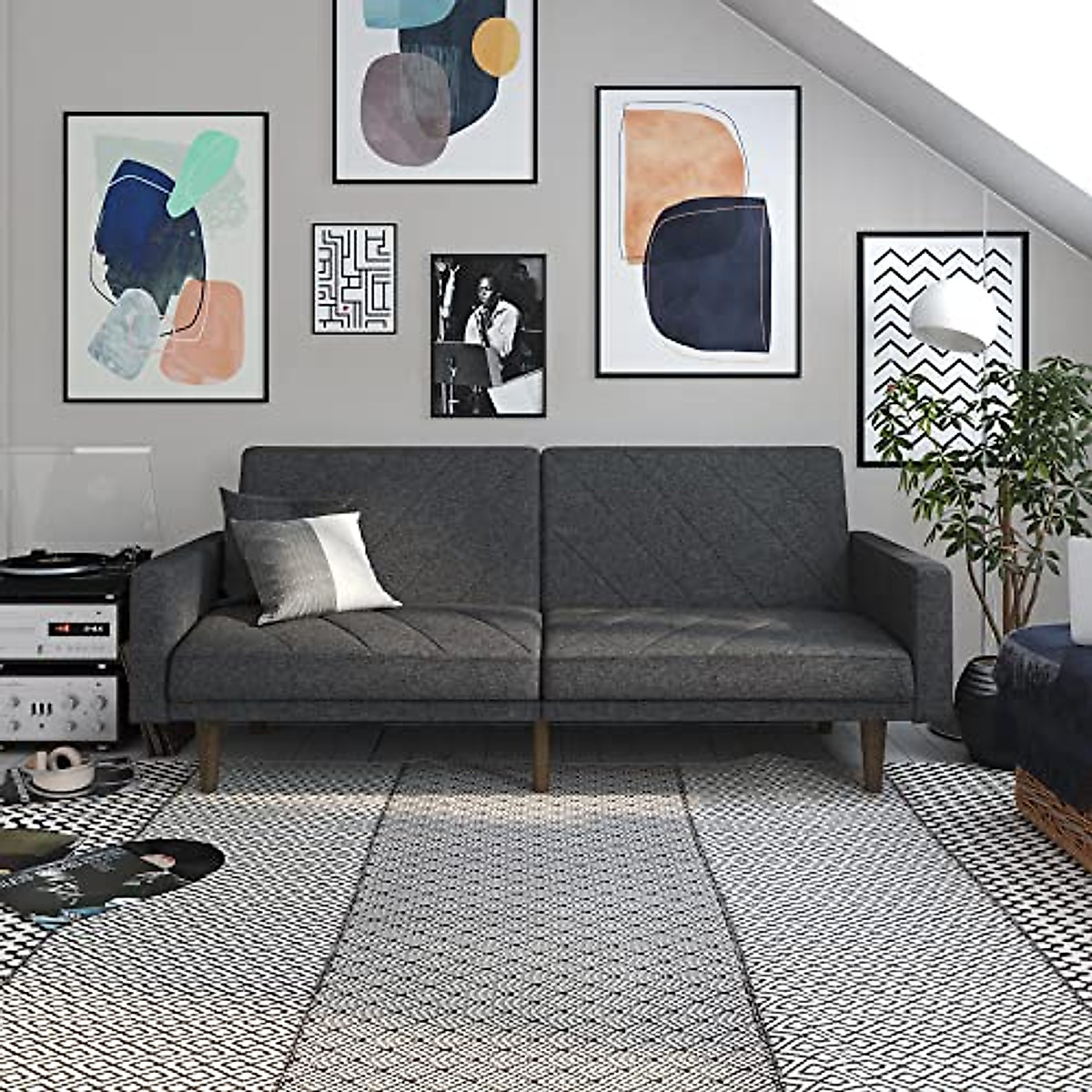 DHP Paxson Convertible Futon Couch Bed with Linen Upholstery and Wood Legs - Grey, Twin