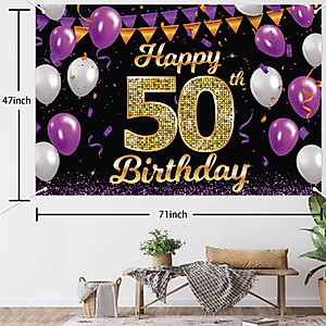 4 x 6ft Happy 50th Birthday Party Decorations Banner Gold and Black Sign - Cheers to 50 Years Anniversary Purple Photo Booth Backdrop Party Supplies for Women and Men