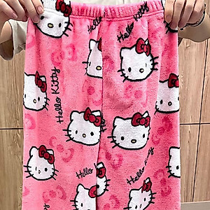 Kawaii Pajamas for Women Girls Cartoon Cat All Over Print Flannel Christmas Halloween Anime Soft Sleep Pajamas Pants,Style-4，L