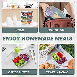 KOMUEE Glass Meal Prep Containers 3 Compartment with lids, 5 Pack 36 oz, Airtight Food Storage Glass Lunch Bento Box, Dishwasher and Microwave Safe,Gray