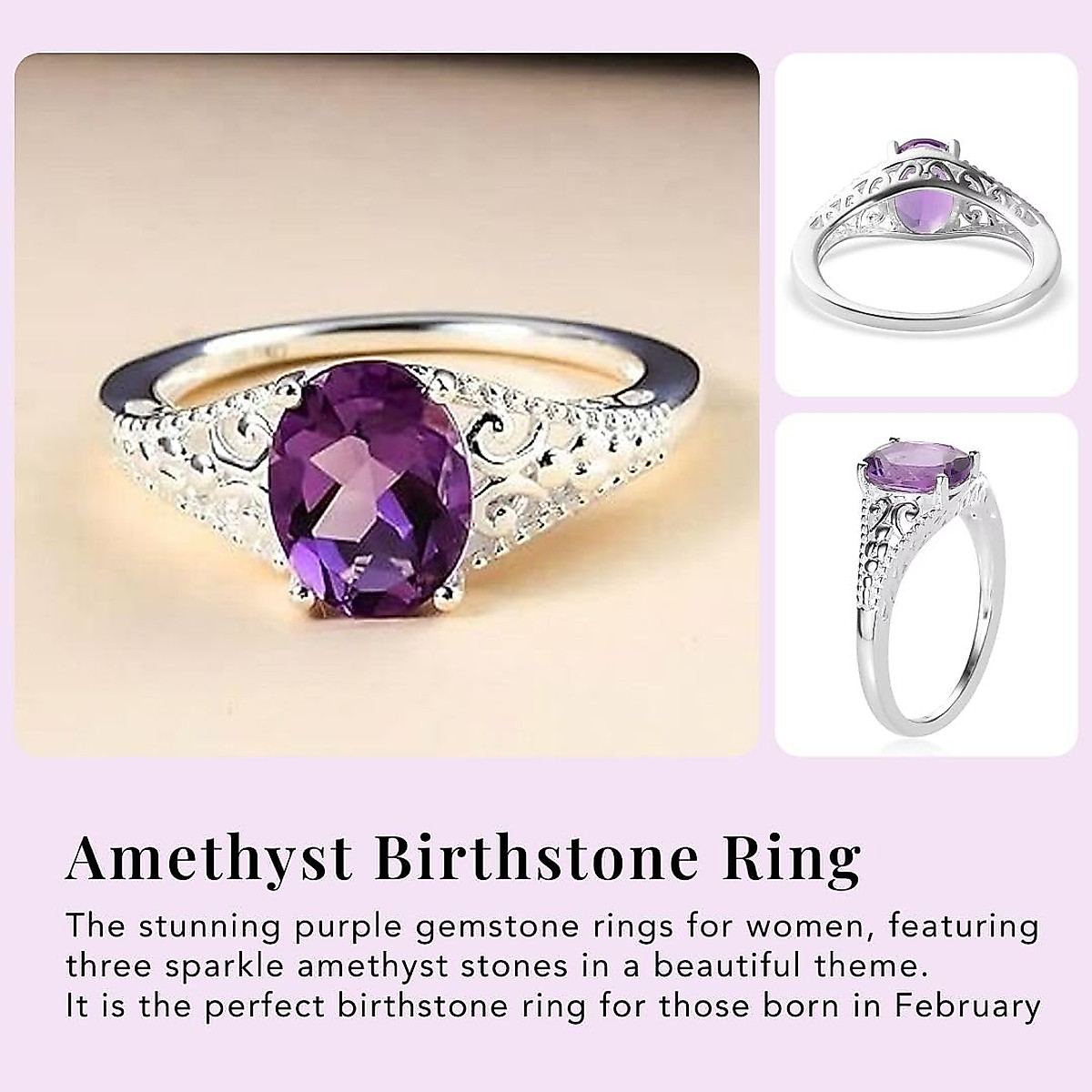 Solitaire Engagement Rings for Women in 925 Sterling Silver - Amethyst February Birthstone Promise Vintage Purple Jewelry Birthday Gifts